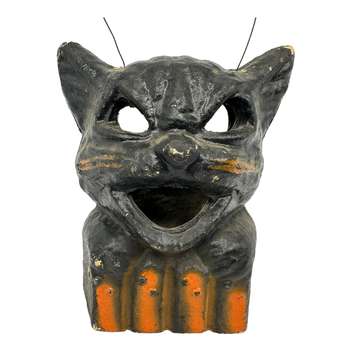 Vintage Halloween Pulp Paper Mache Black Cat On Fence | Eerie Emporium
