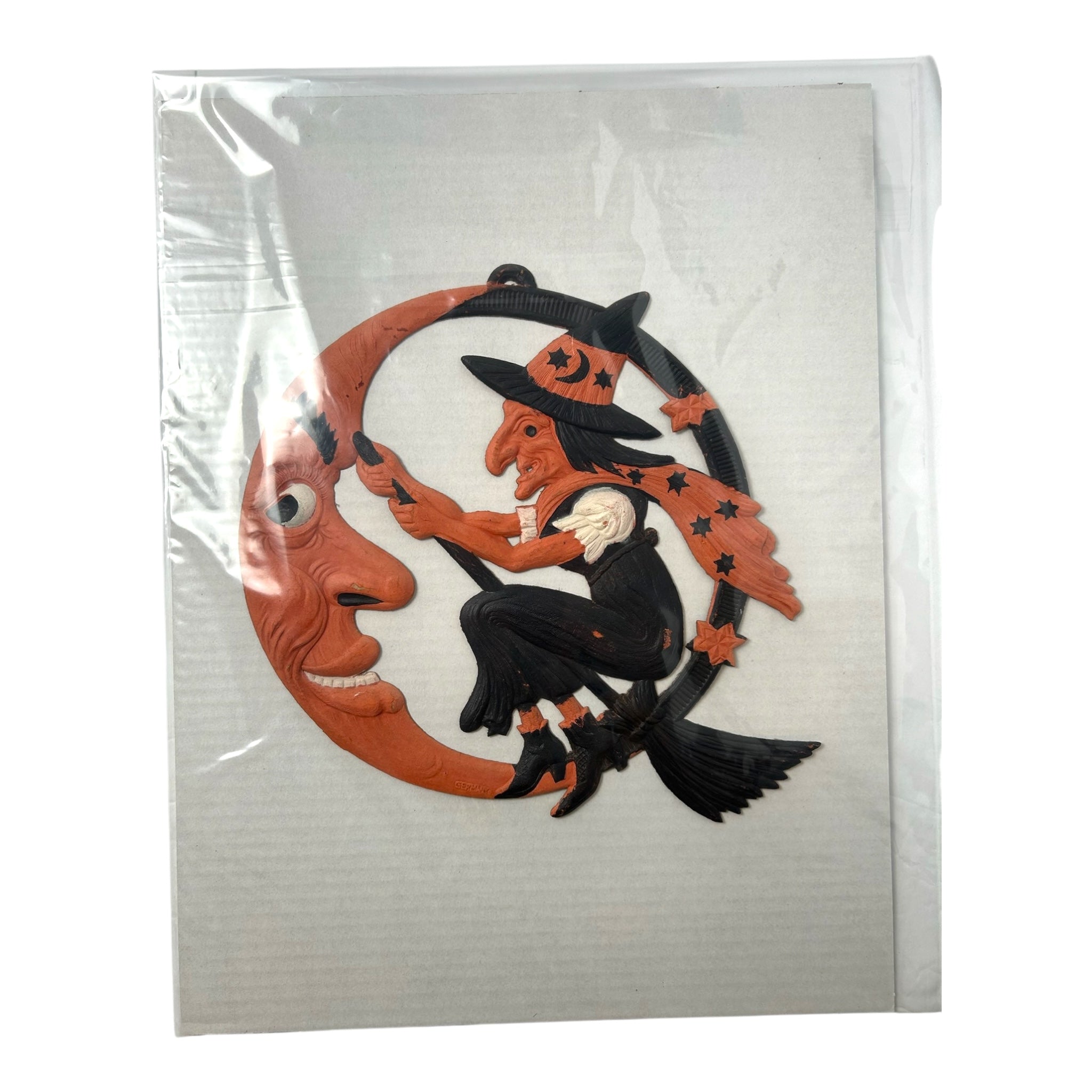 Antique Halloween German Witch + Moon 1920s Die Cut | Eerie Emporium