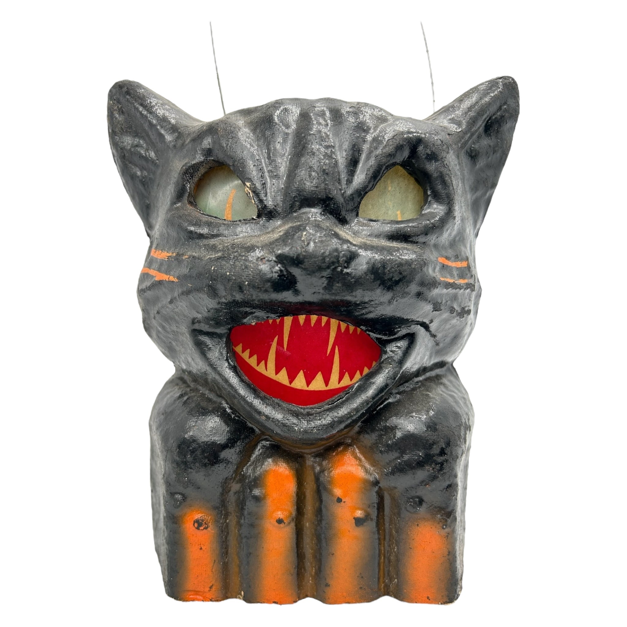 Vintage Halloween Pulp Paper Mache Black Cat On Fence | Eerie Emporium